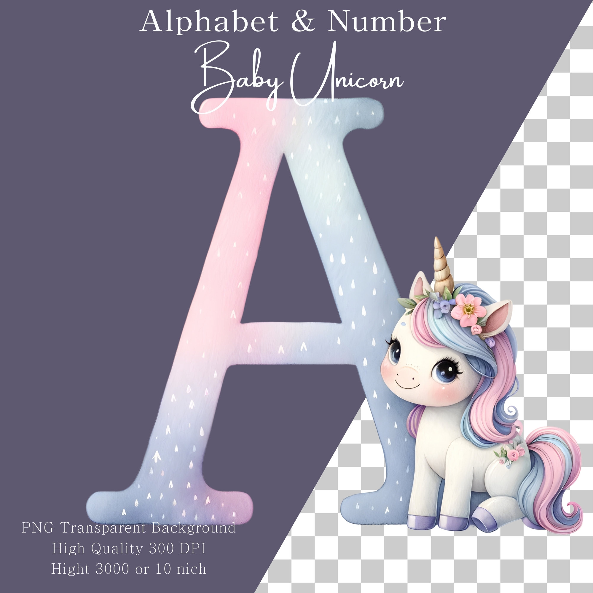 Whimsical Unicorn Watercolor Alphabet & Numbers Clipart - Digital PNG ...