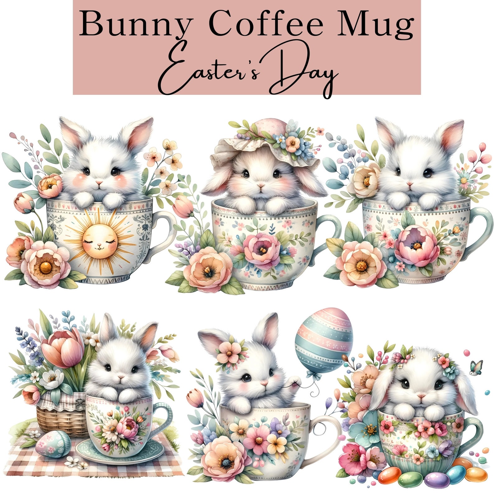 Easter Bunny Coffee Mug Clipart, Rabbit Watercolor Clipart, Garden ...