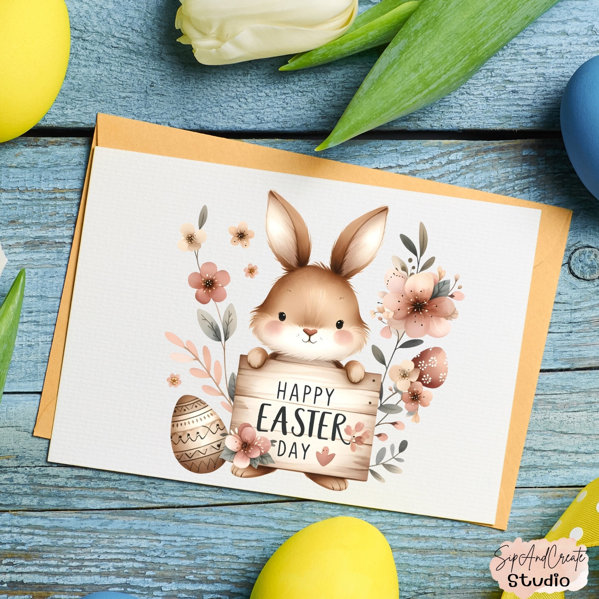 Boho Easter Bunny Clipart Bundle, Watercolor Rabbit & Floral Elements ...