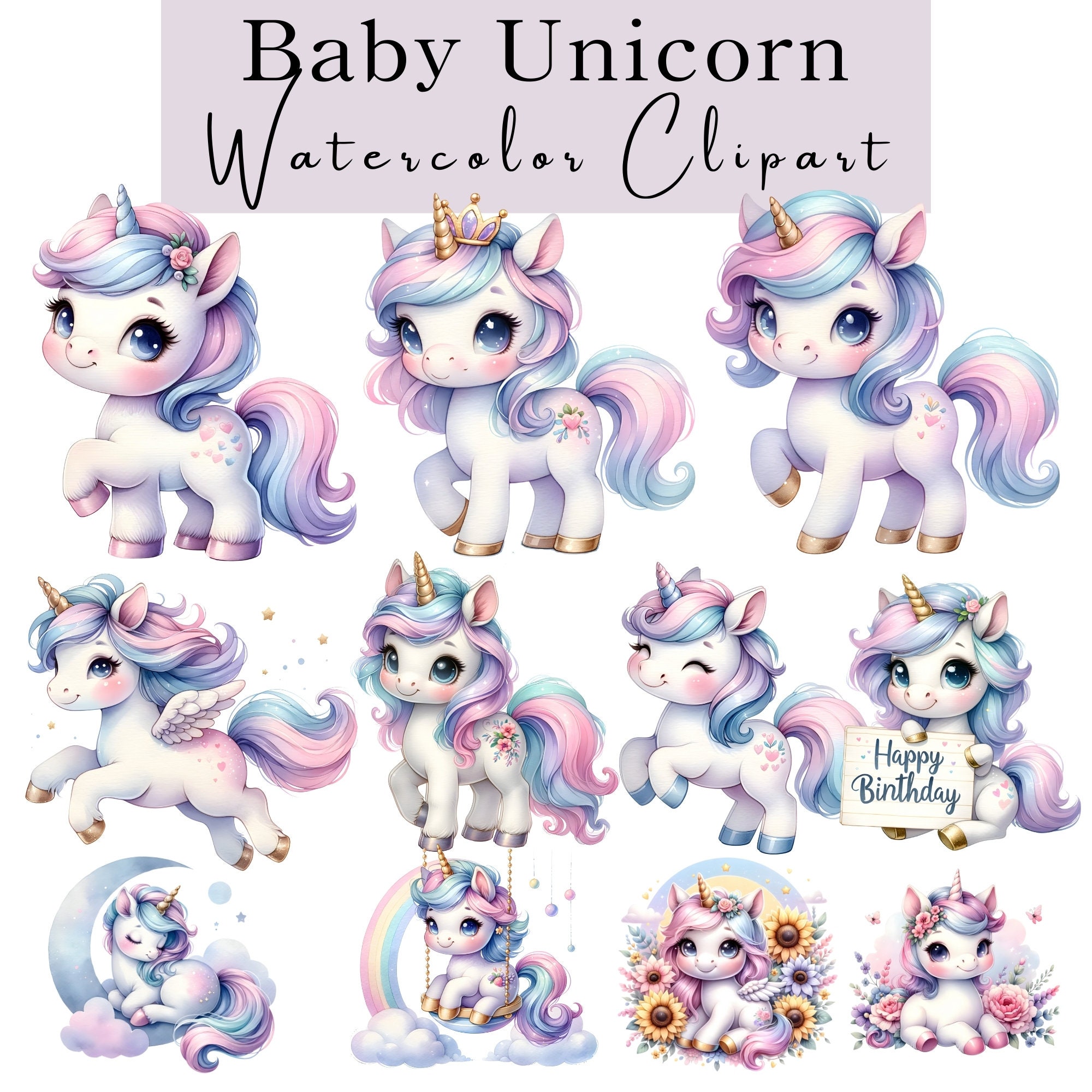Magical Baby Unicorn Watercolor Clipart, Instant Digital Download ...