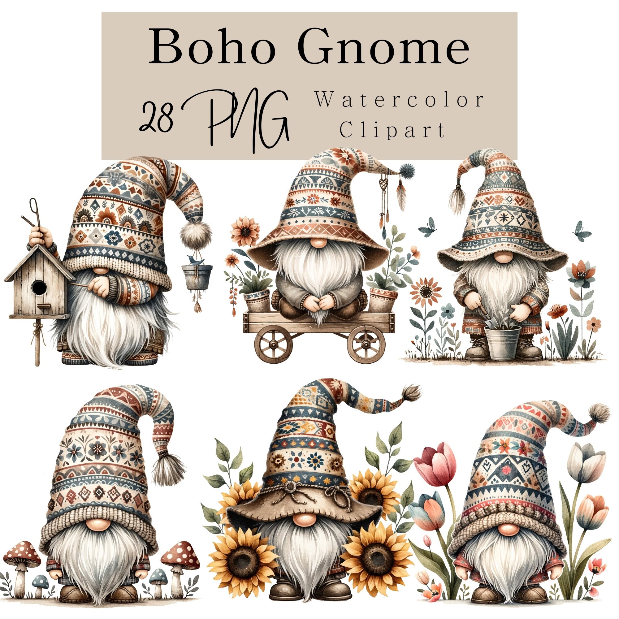 Boho Gnome Garden Clipart, Spring Watercolor Digital Download, Floral ...