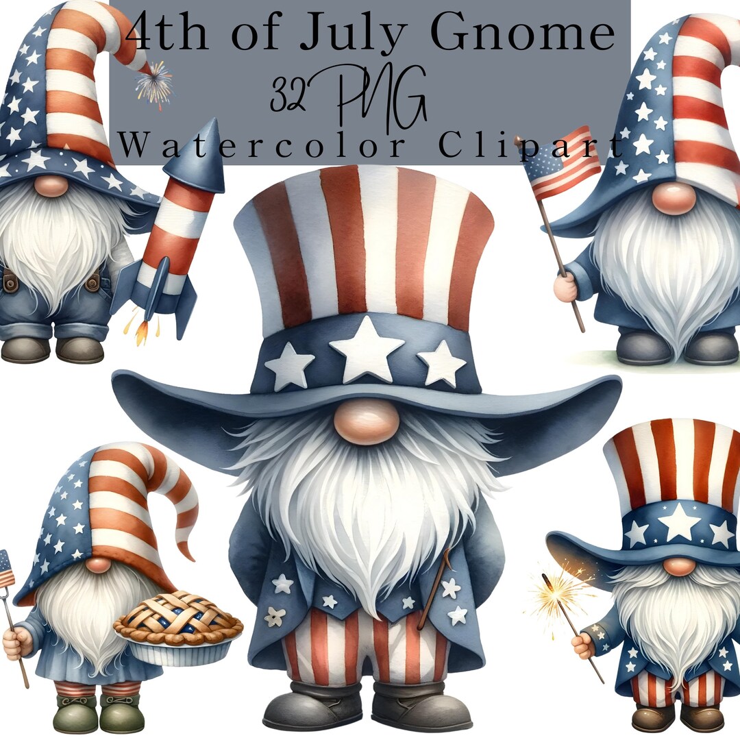 4th of July Gnome Clipart: Watercolor Patriotic Graphics, Independence ...