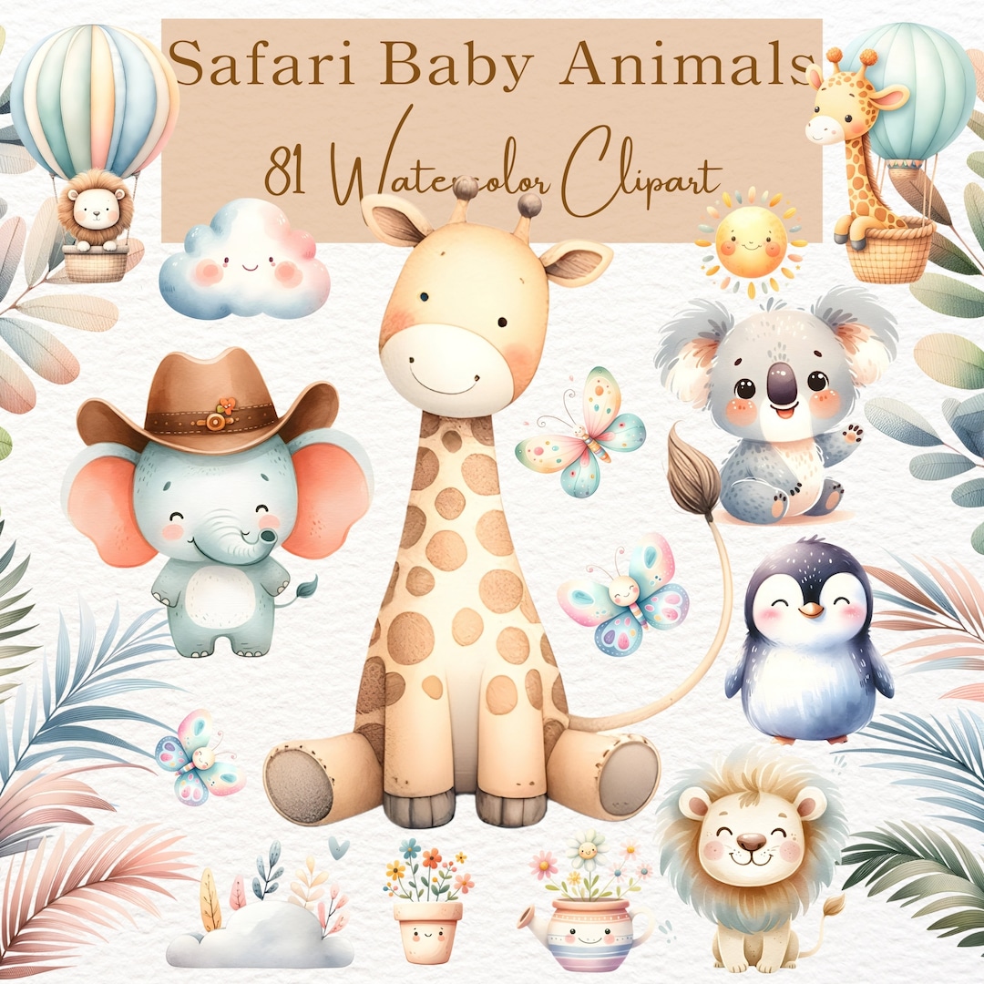 Safari Baby Animals Watercolor Clipart, Jungle Animal Clipart, Cute ...