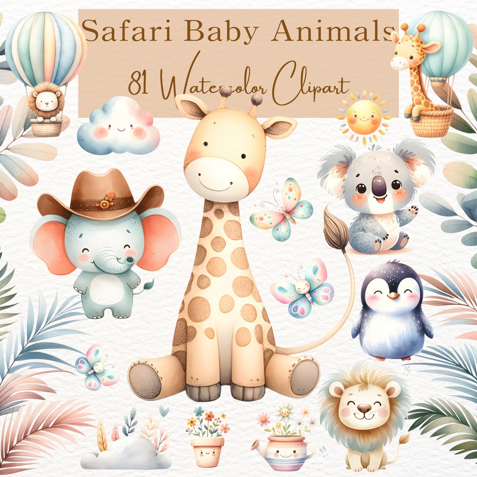 Safari Baby Animals Watercolor Clipart, Jungle Animal Clipart, Cute ...