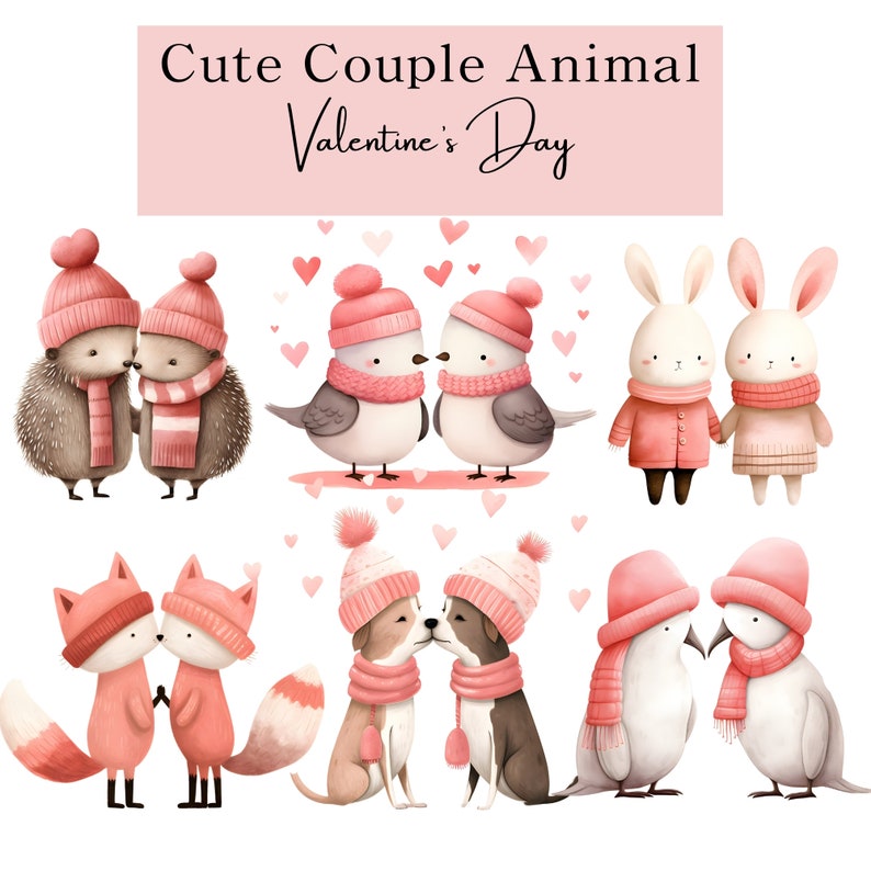 Animal Couple Clipart, Animal Watercolor Clipart, Animal Valentine PNG ...