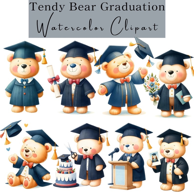 Teddy Bear Graduation Watercolor Clipart, Instant Digital Download ...