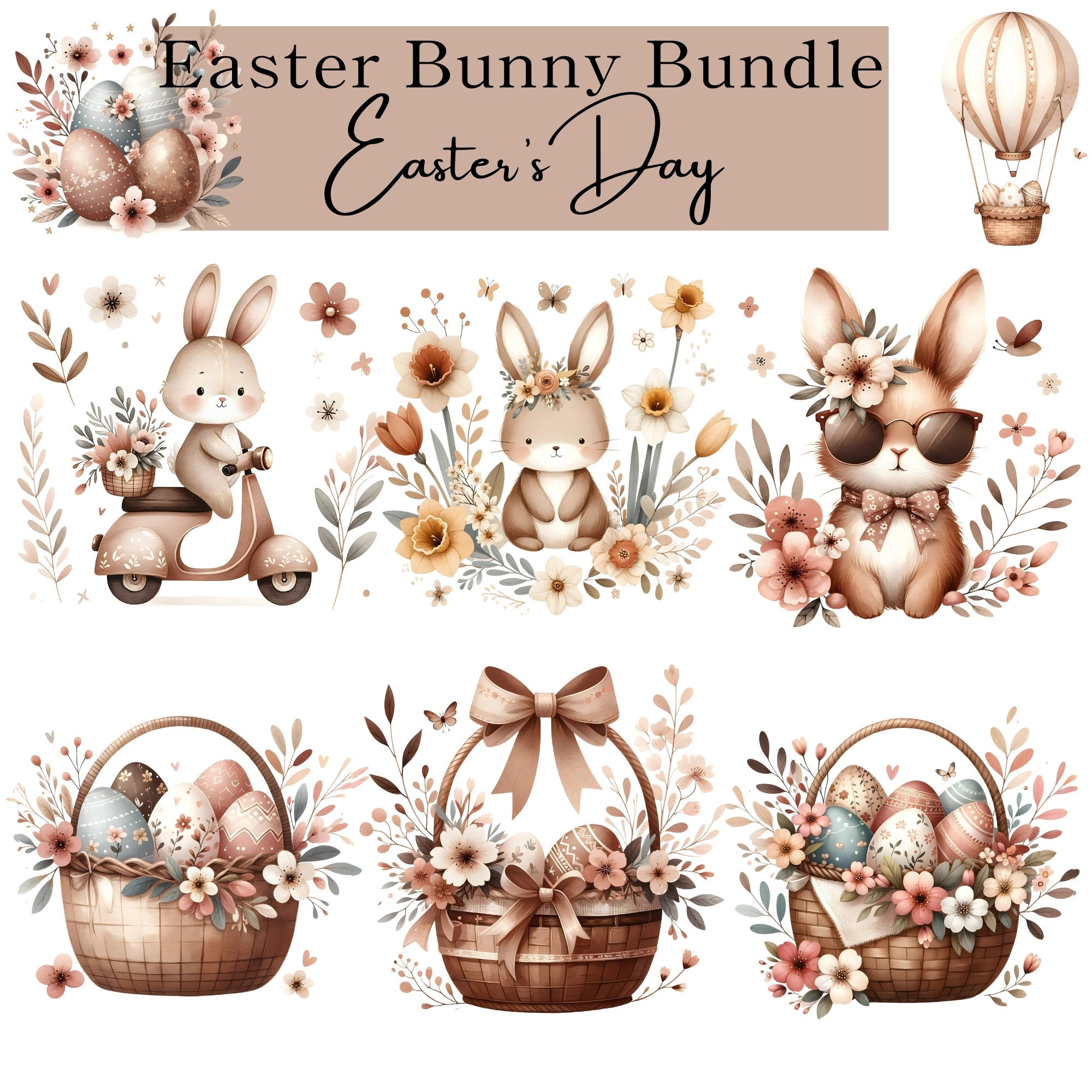 Boho Easter Bunny Clipart Bundle, Watercolor Rabbit & Floral Elements ...