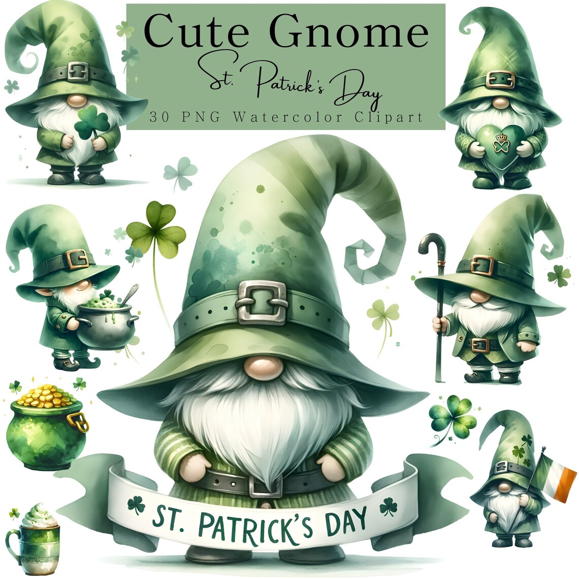 St Patricks Day Gnomes Clipart, Cute Shamrock Clipart, Watercolor ...