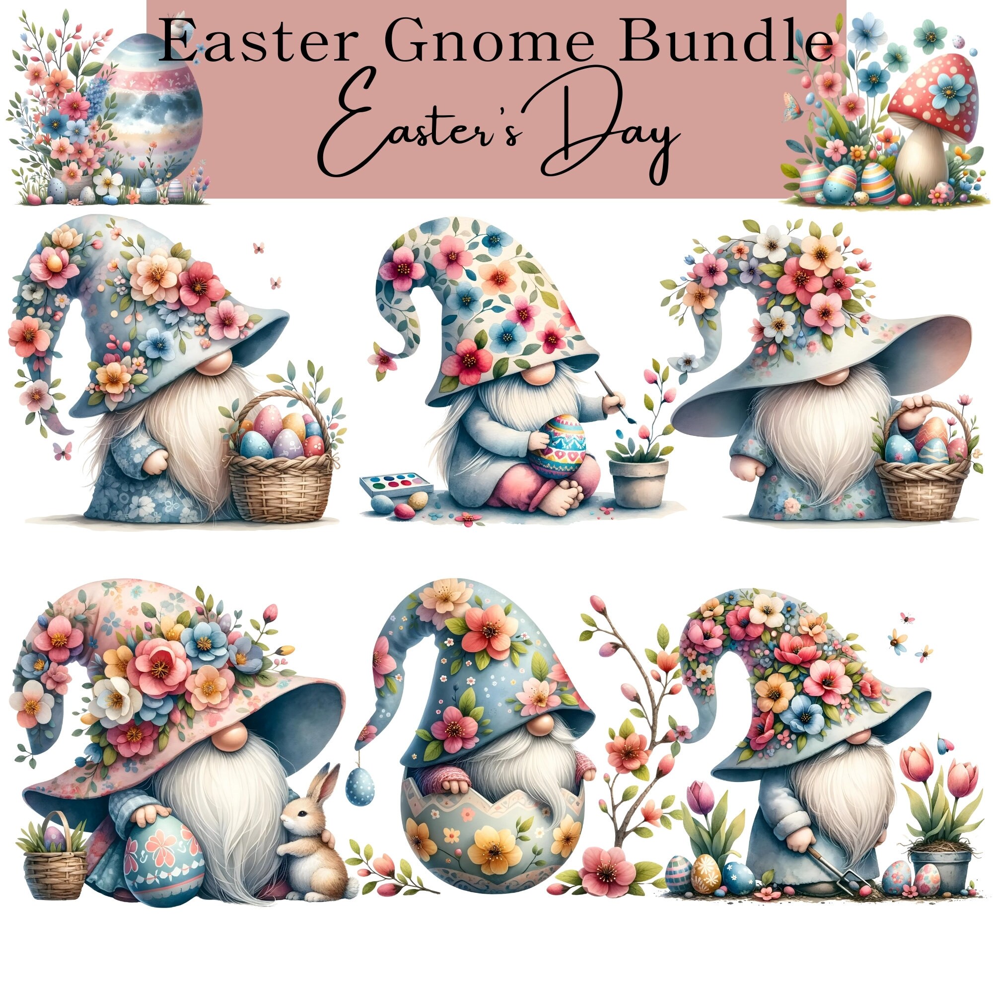 Easter Gnome Clipart Bundle, Watercolor Spring Flower, Digital Download ...