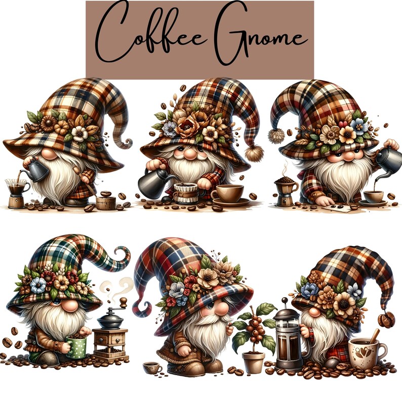 Coffee Gnome Clipart: Watercolor Gnomes Home Decor, Shop Decor (digital ...