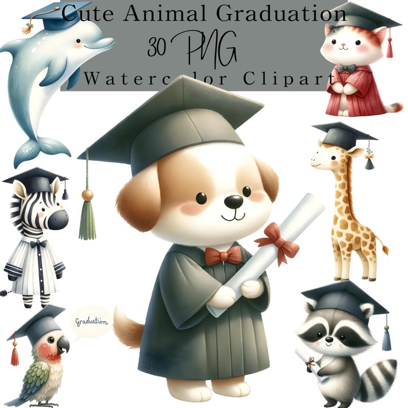 Cute Animal Graduation Clipart, Watercolor Nursery Decor for Preschool ...