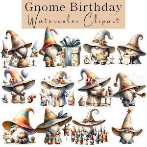 Watercolor Gnome Birthday Clipart PNG: Party Decoration for Kids ...