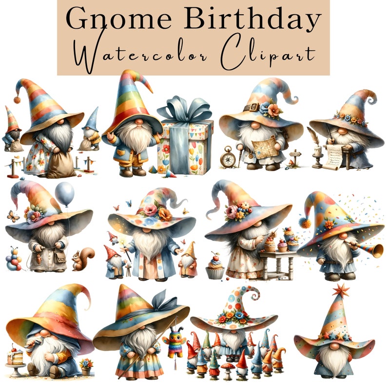 Gnome Birthday Clipart, Watercolor Gnome Party Digital Download, Kids ...