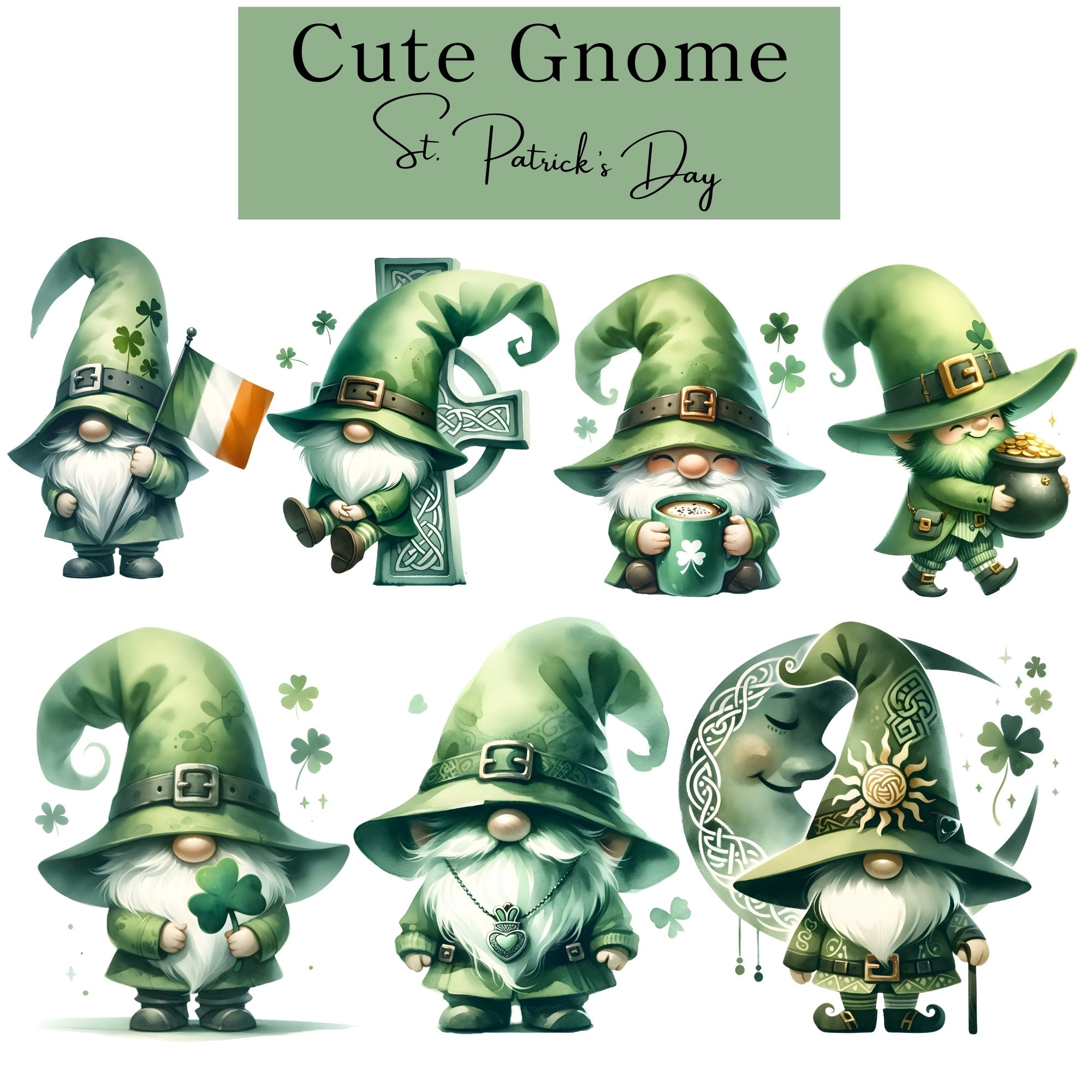 St Patricks Day Gnomes Clipart, Cute Shamrock Clipart, Watercolor ...
