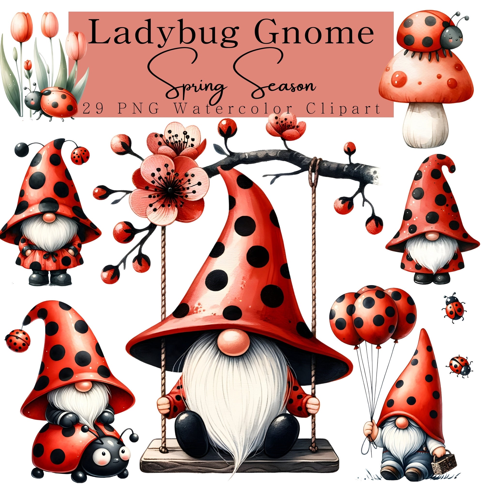Ladybug Gnome Watercolor Clipart, Ladybug Gnome PNG Bundle, Charming ...