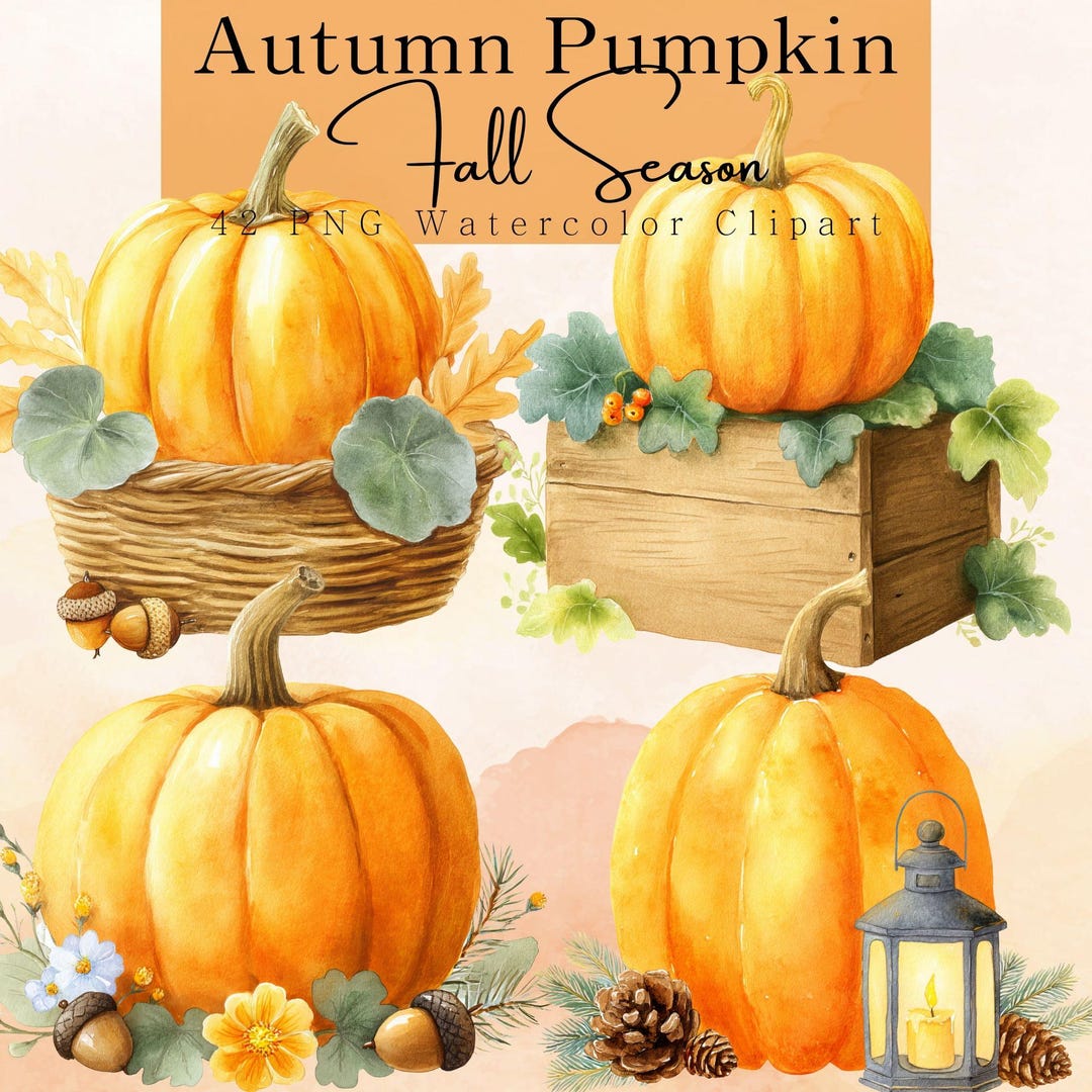 Watercolor Pumpkin Clipart PNG: Autumn Harvest, Boho Fall Nursery ...