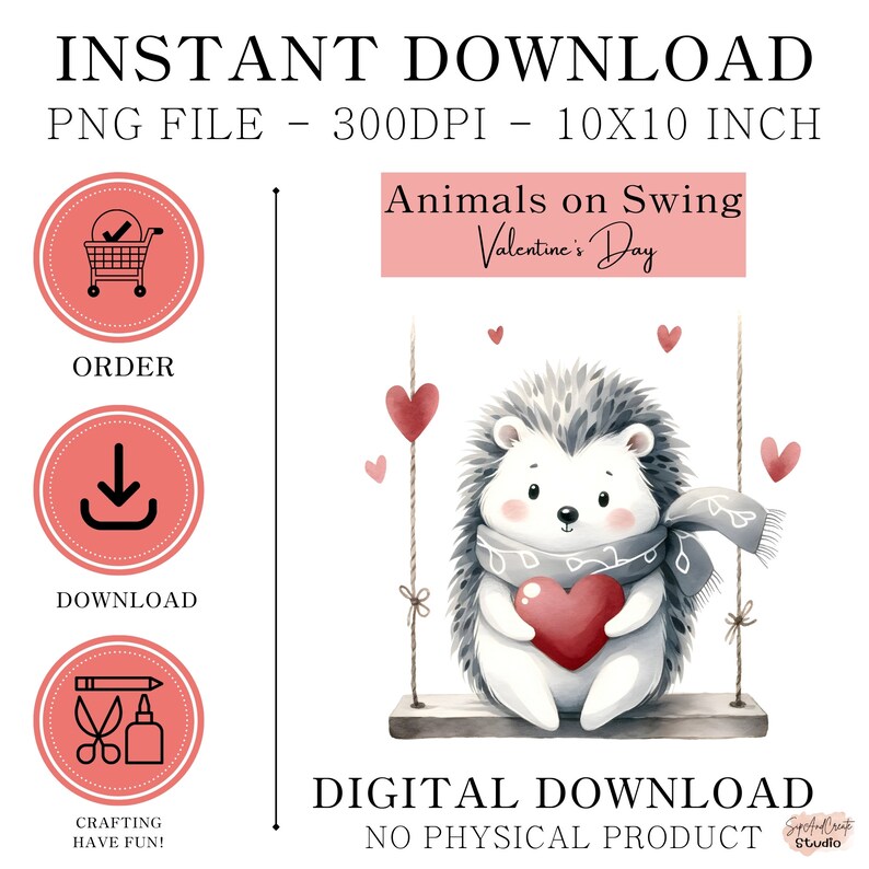 Valentines Animals on Swings Collection Clipart, Animal Watercolor PNG ...