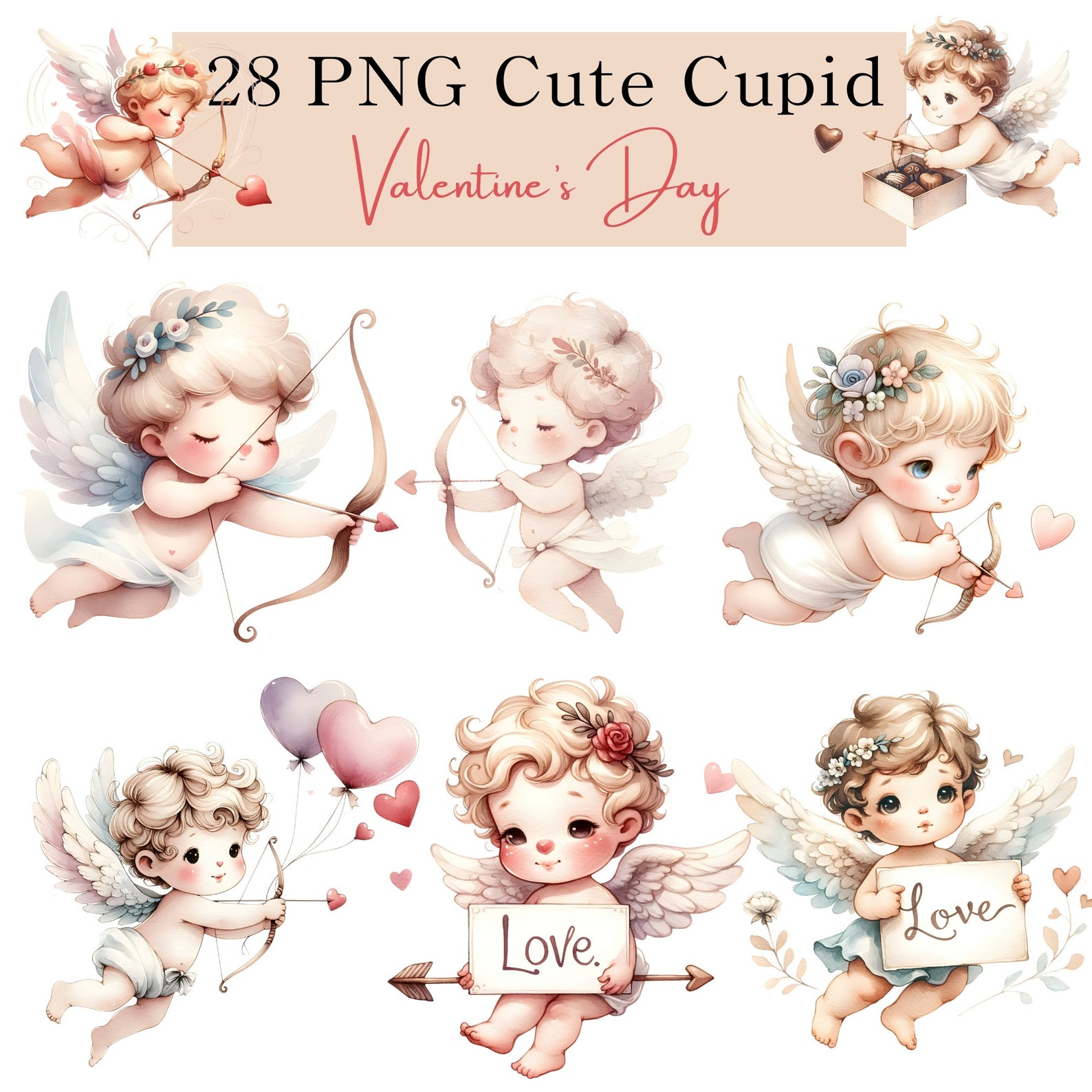 Cute Cupid Clipart Valentine, Valentine Watercolor Clipart, Valentines ...