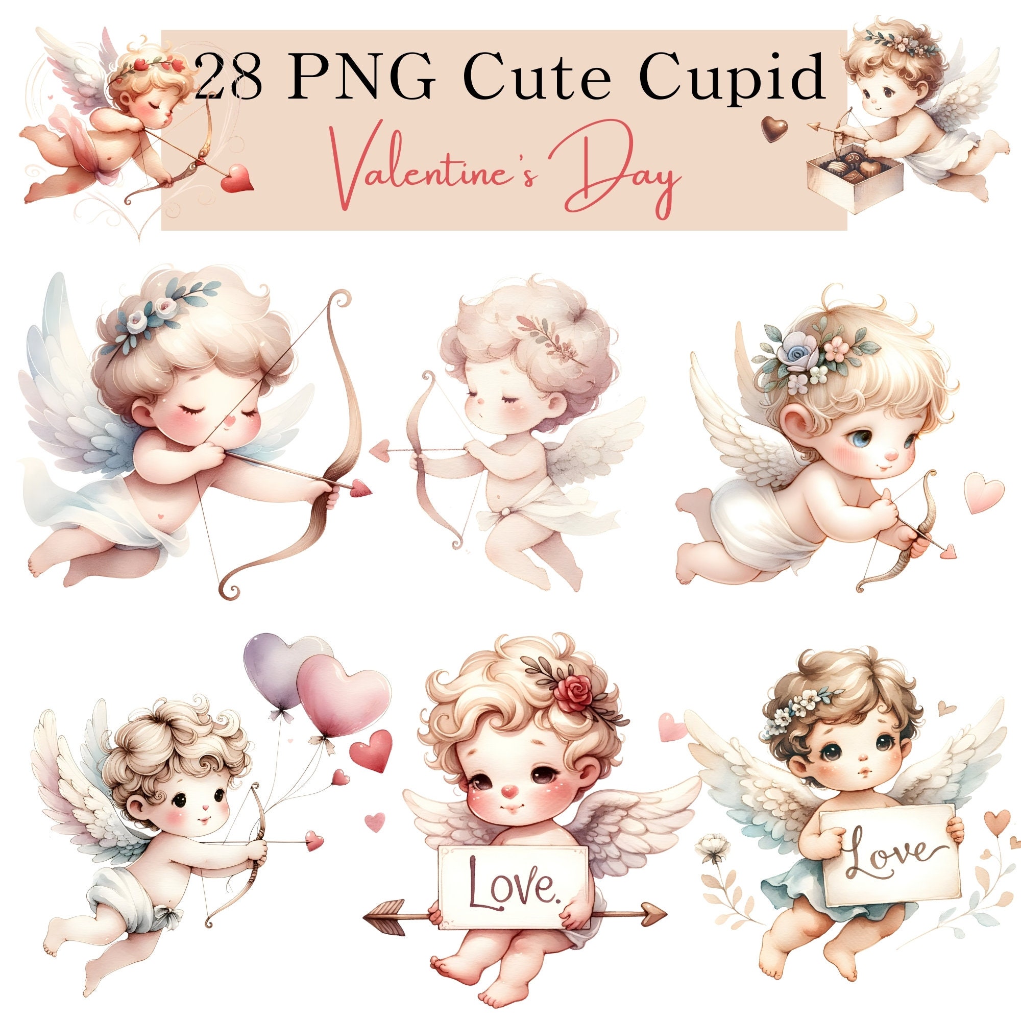 Cute Cupid Clipart Valentine, Valentine Watercolor Clipart, Valentines ...