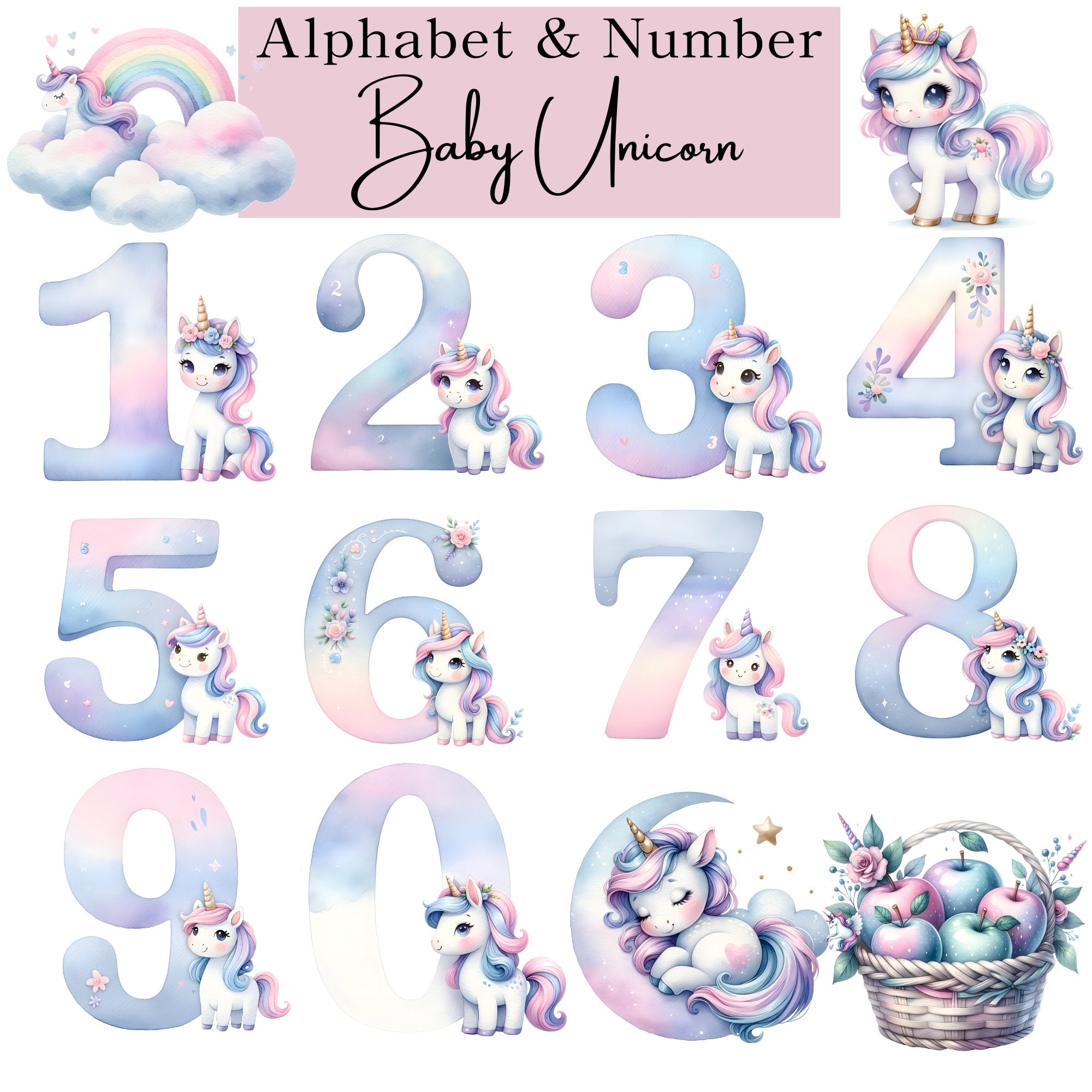 Whimsical Unicorn Watercolor Alphabet & Numbers Clipart - Digital PNG ...