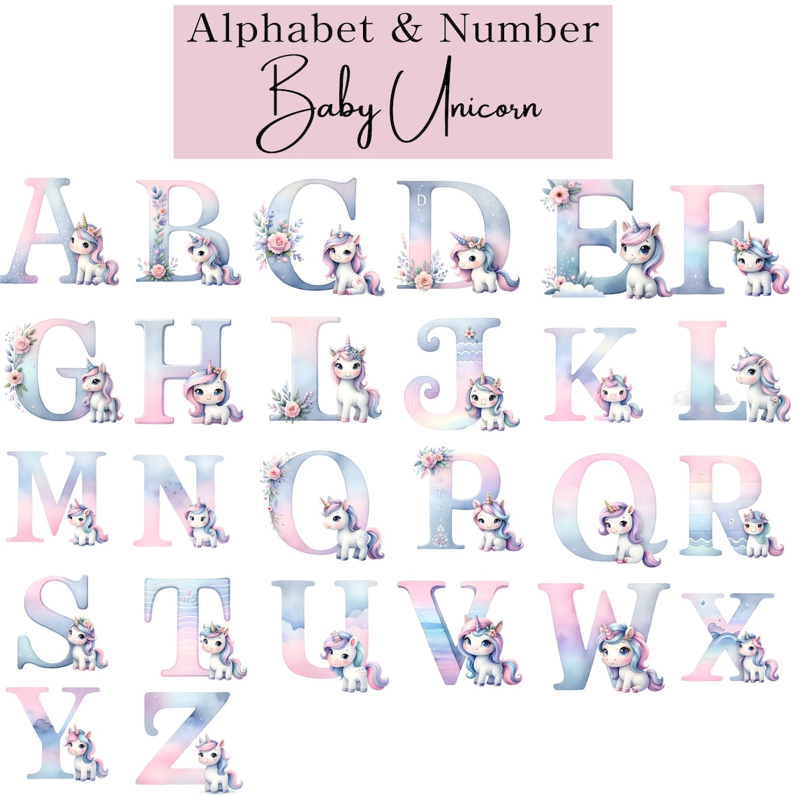 Whimsical Unicorn Watercolor Alphabet & Numbers Clipart - Digital PNG ...