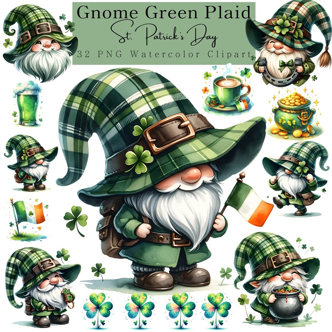 St Patricks Day Gnomes Clipart, Cute Shamrock Clipart, Watercolor ...