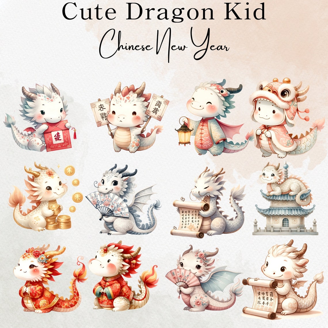 Cute Dragon Clipart, Dragon Kids, Dragon Watercolor Clipart, Blossoms ...