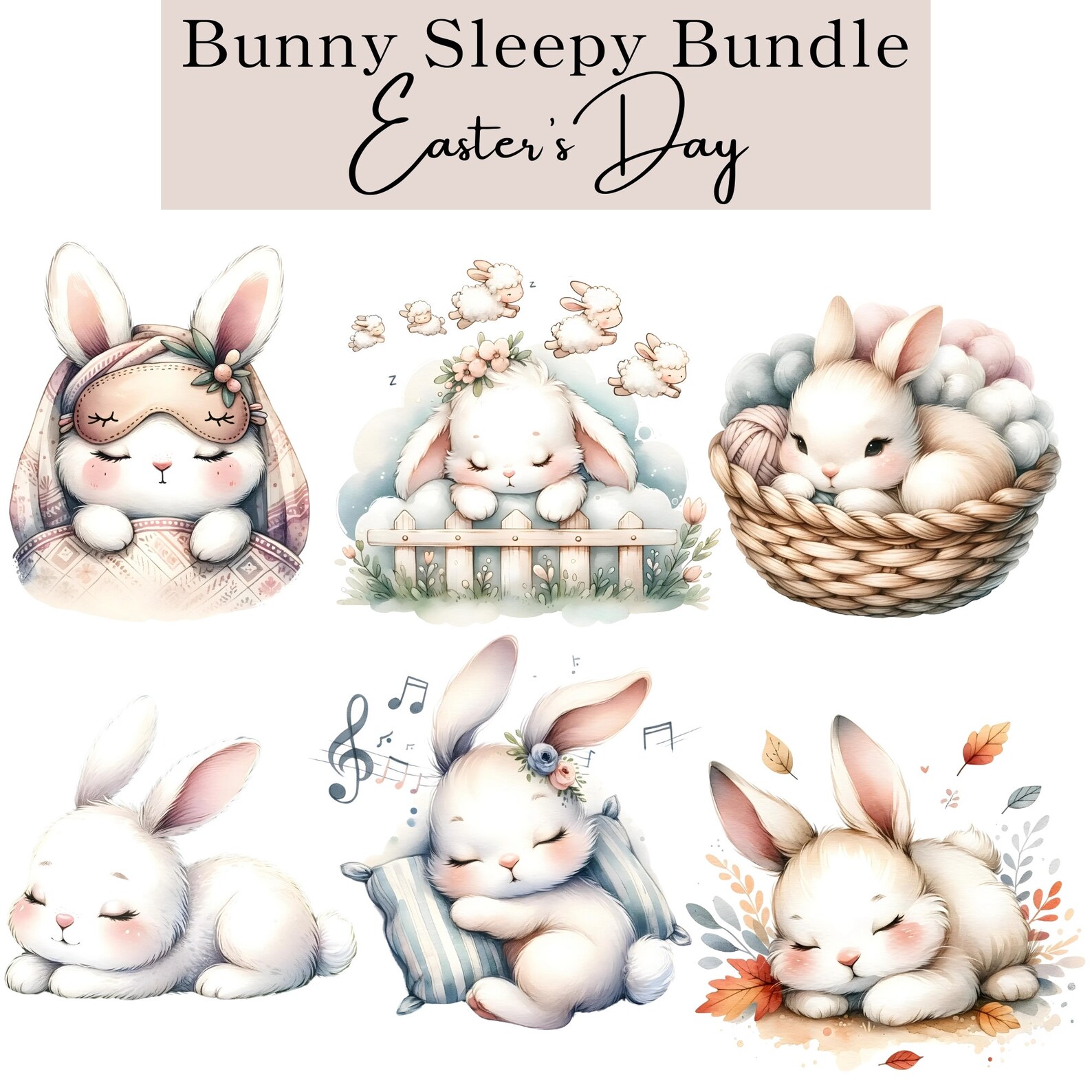 Sleepy Bunny Watercolor Clipart, Bunnies Baby Shower, Easter Day ...