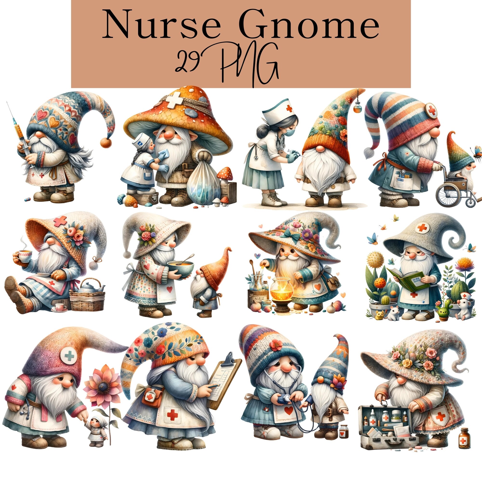 Nurse Gnome Watercolor Clipart: Gnome Doctor PNG, Nursing Nursery Art ...