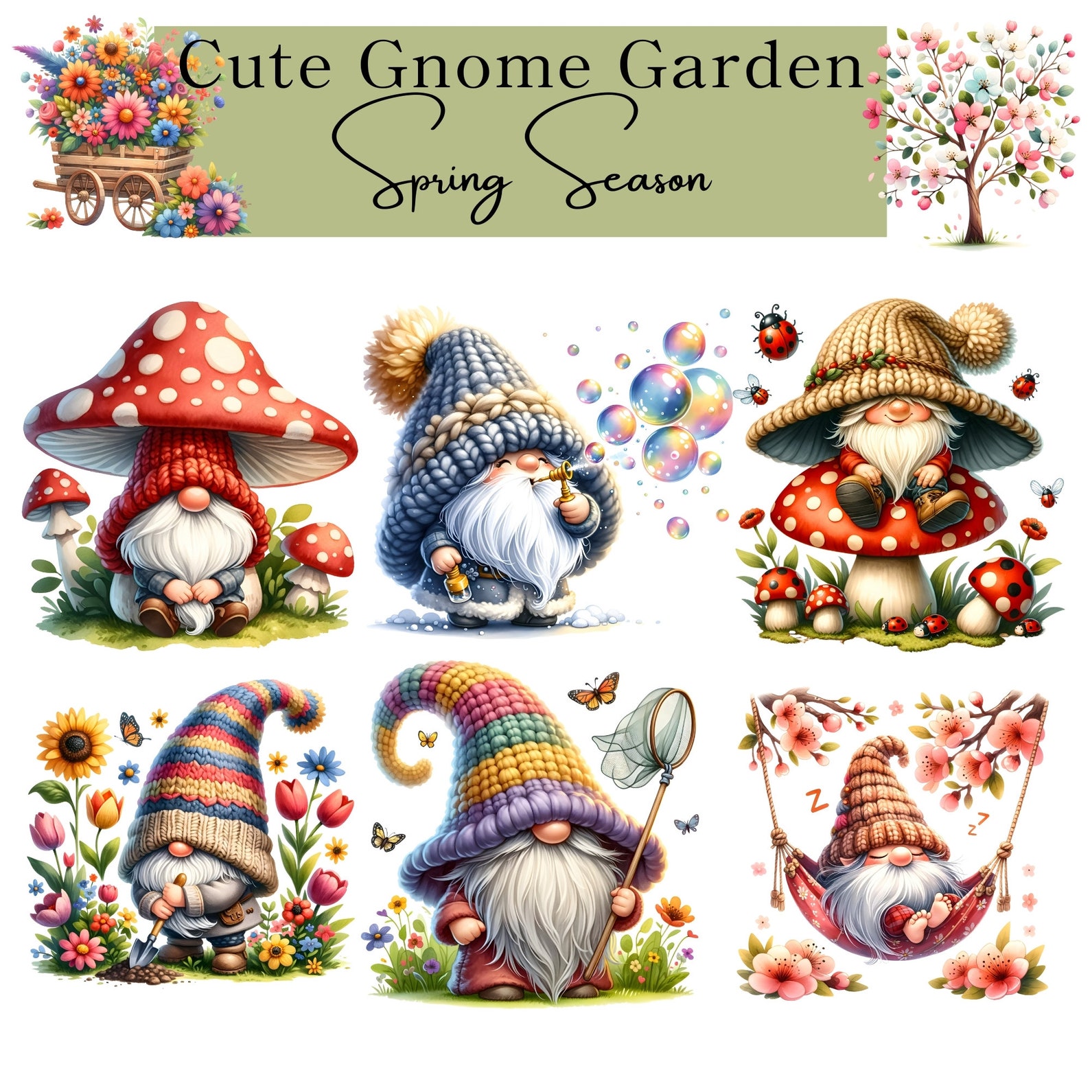 Garden Gnome Watercolor Clipart, Cute Gnomes Digital Art, Printable ...