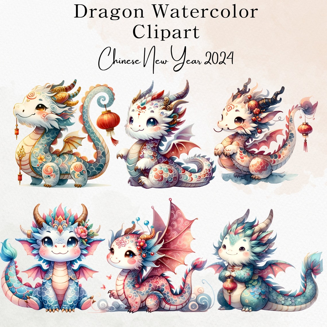 Cute Dragon Clipart, Dragon Kids, Dragon Watercolor Clipart, Blossoms ...