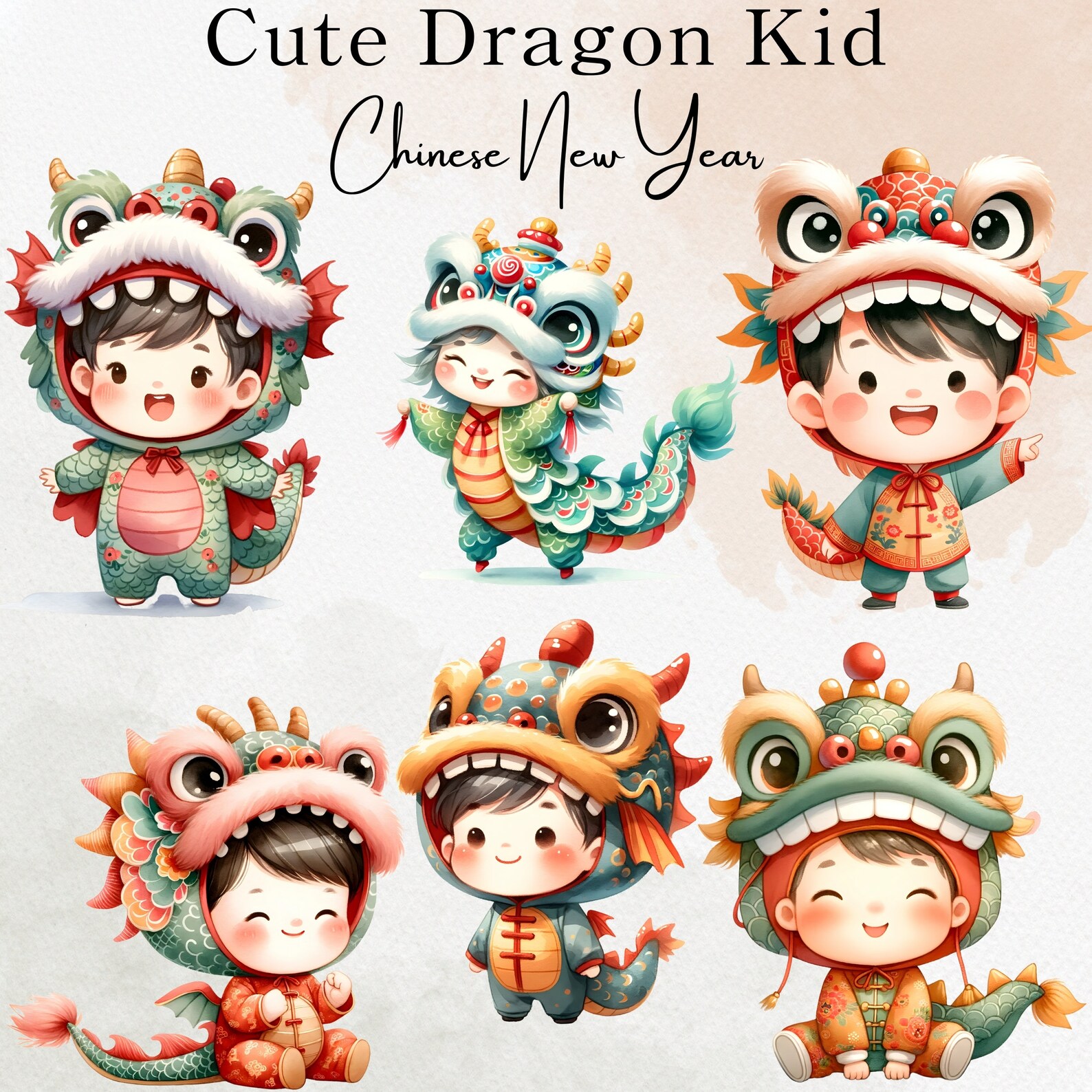 Cute Dragon Clipart, Dragon Kids, Dragon Watercolor Clipart, Lion Dance ...