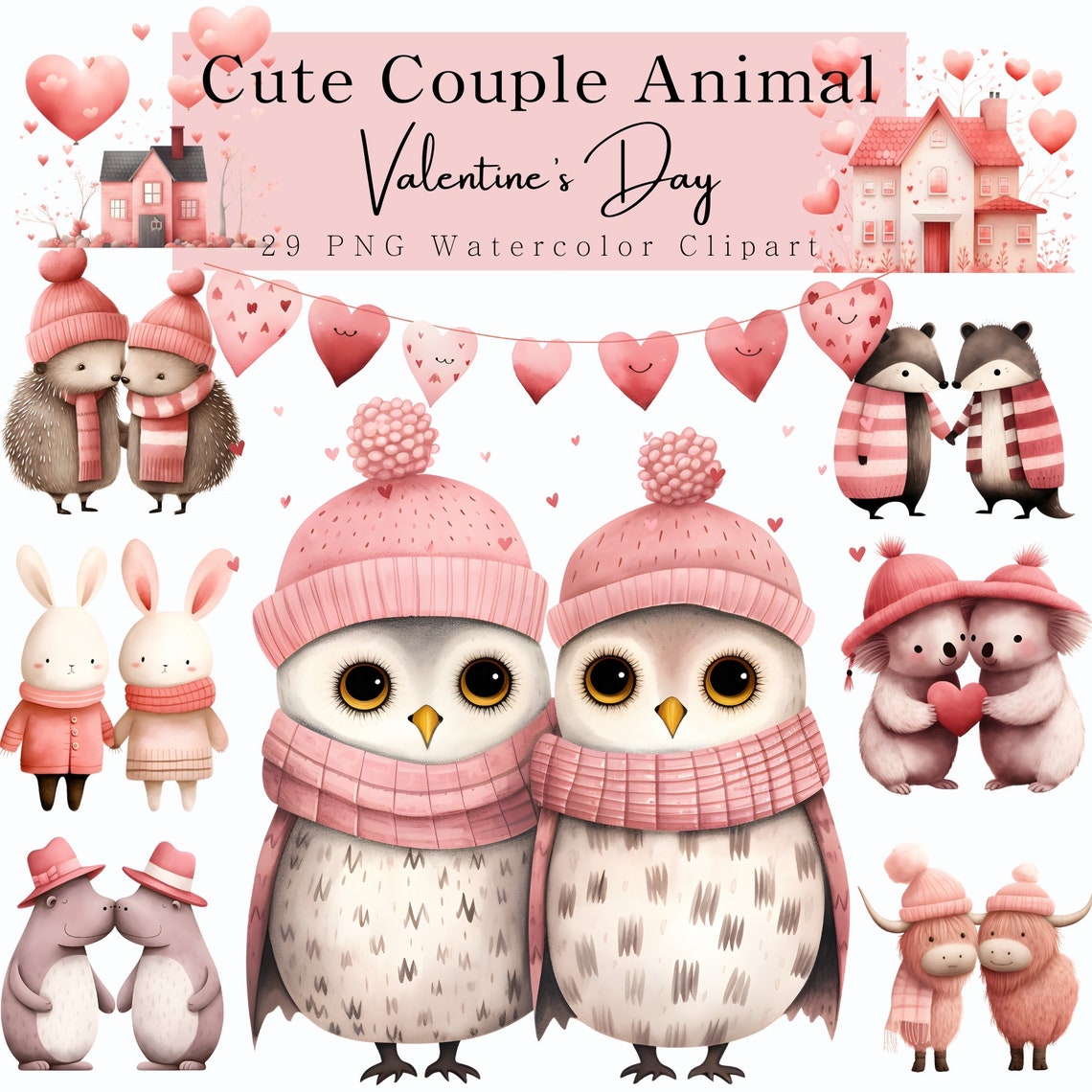 Animal Couple Clipart, Animal Watercolor Clipart, Animal Valentine PNG ...