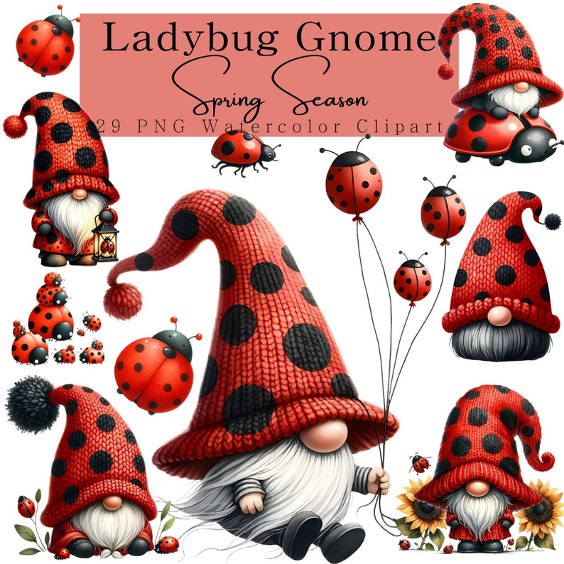 Ladybug Gnome Watercolor Clipart, Ladybug Gnome PNG Bundle, Charming ...