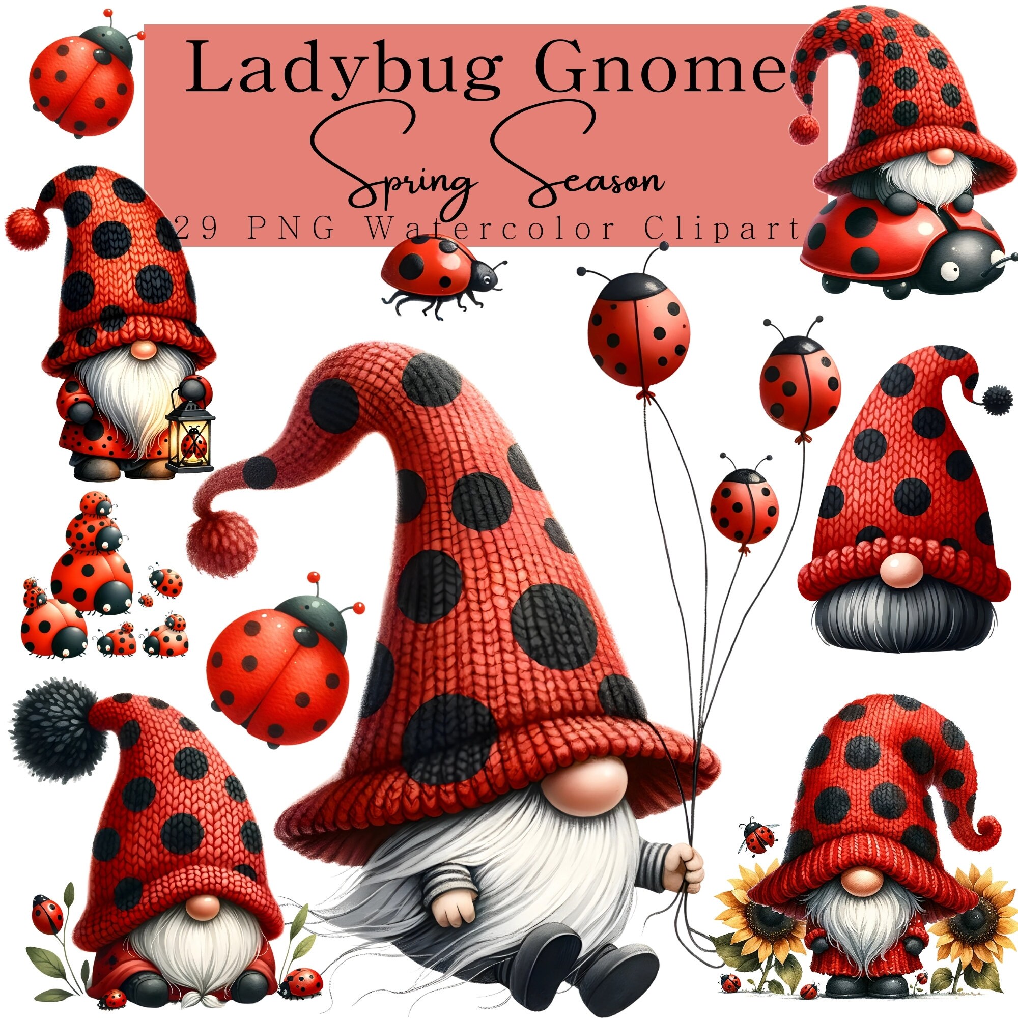 Ladybug Gnome Watercolor Clipart, Ladybug Gnome PNG Bundle, Charming ...