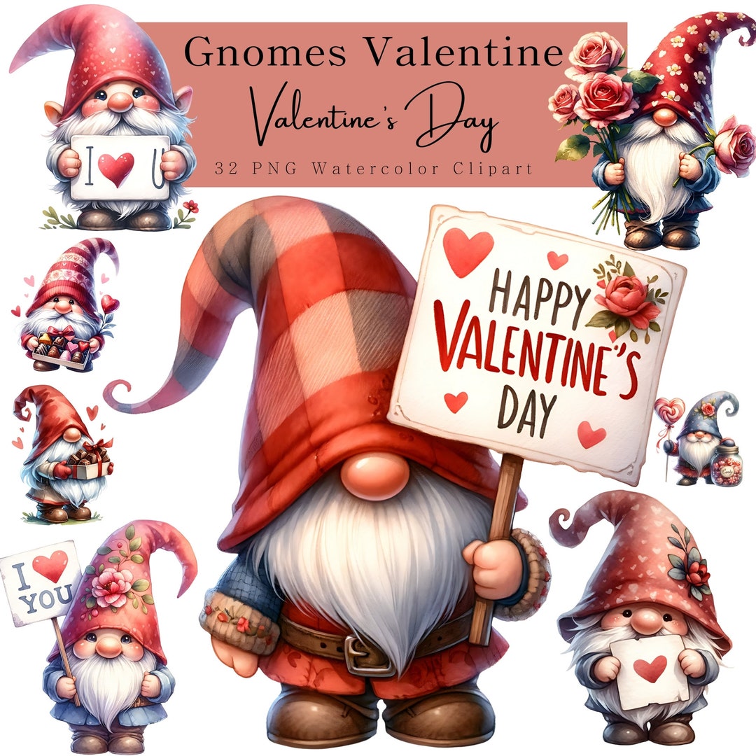 Gnome Valentine, Cute Gnome Clipart, Gnome Watercolor Clipart ...