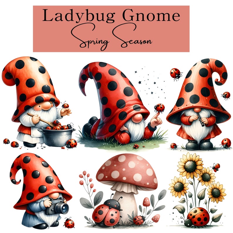 Ladybug Gnome Watercolor Clipart, Ladybug Gnome PNG Bundle, Charming ...