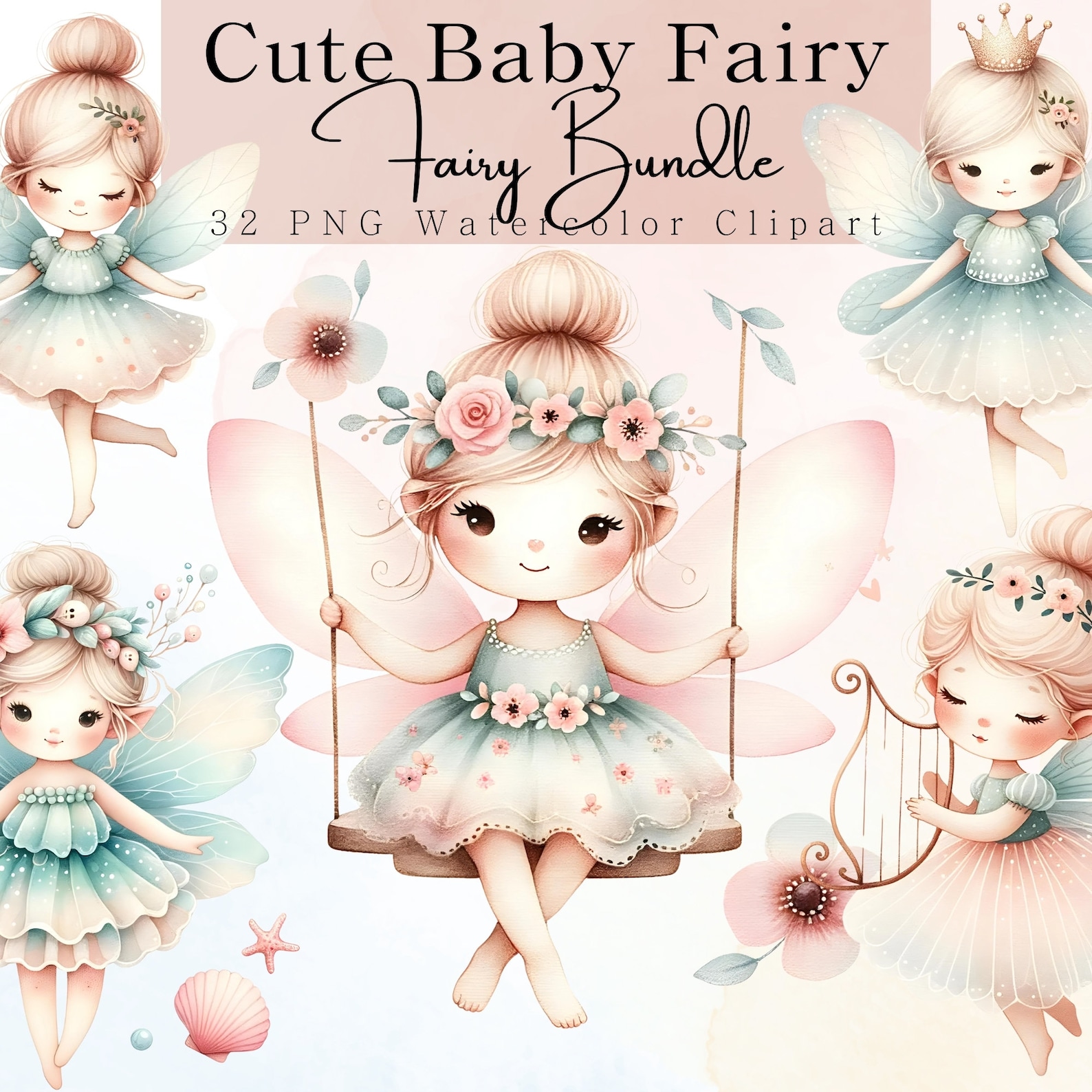 Cute Baby Fairy Clipart, Adorable Fairy House, Watercolor Fairy Digital ...