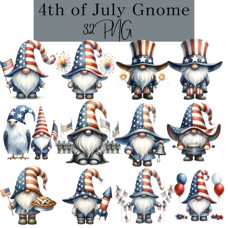 4th of July Gnome Clipart: Watercolor Patriotic Graphics, Independence ...