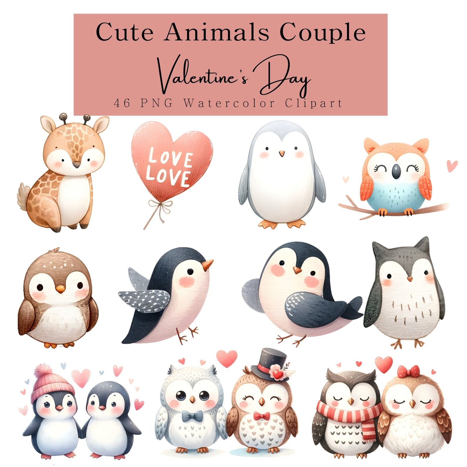 Cute Animals Valentine, Animal Watercolor Clipart, Animal Couple ...