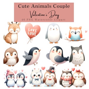 Cute Animals Valentine, Animal Watercolor Clipart, Animal Couple ...