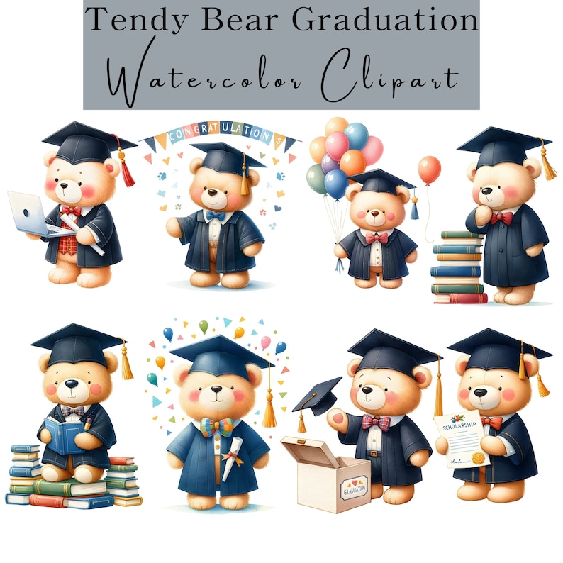 Teddy Bear Graduation Watercolor Clipart, Instant Digital Download ...