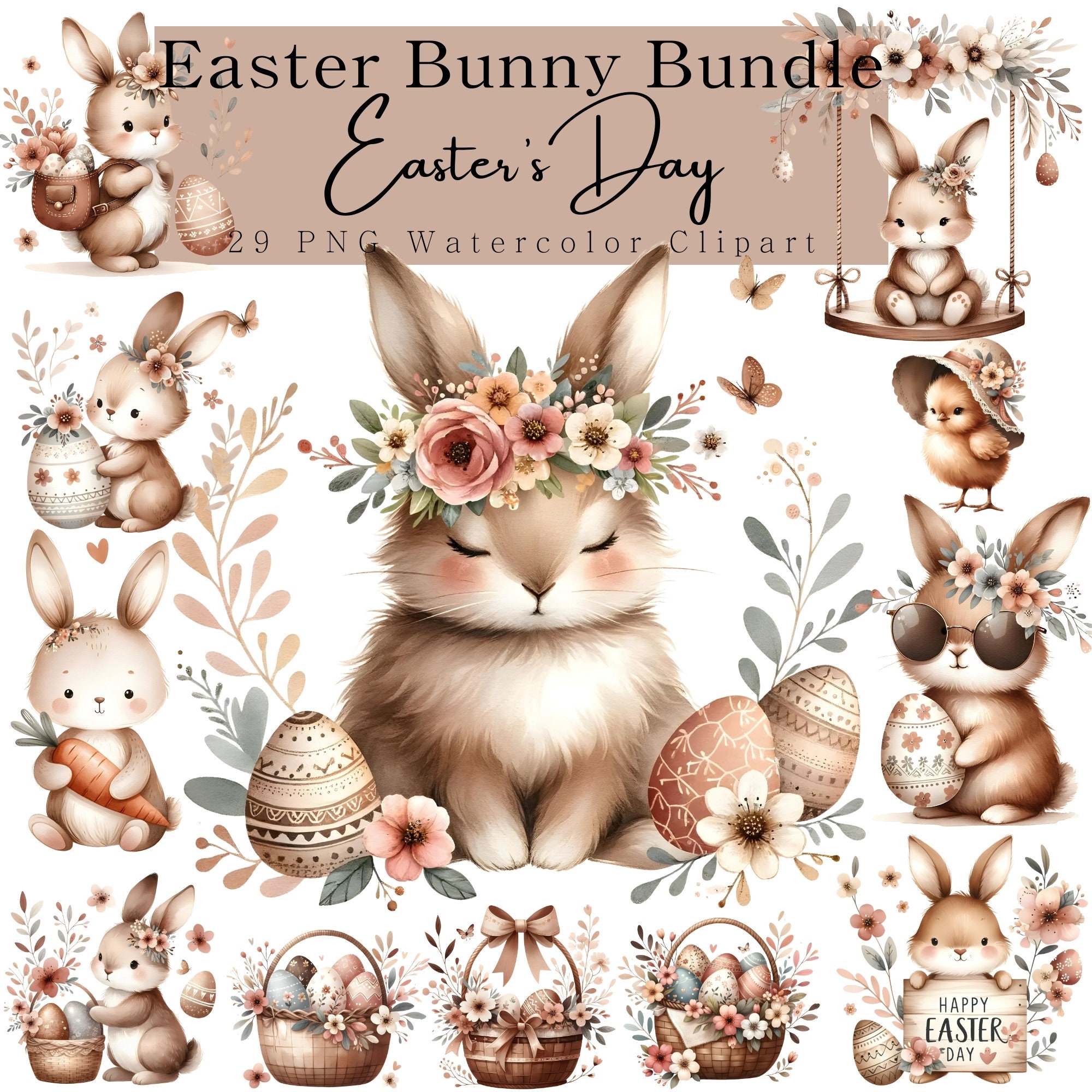 Boho Easter Bunny Clipart Bundle, Watercolor Rabbit & Floral Elements ...