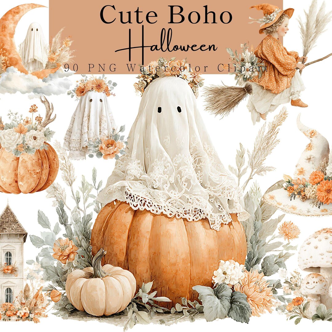 Pastel Halloween Clipart Bundle: Boho Ghosts, Ghosts Spooky, Nursery ...