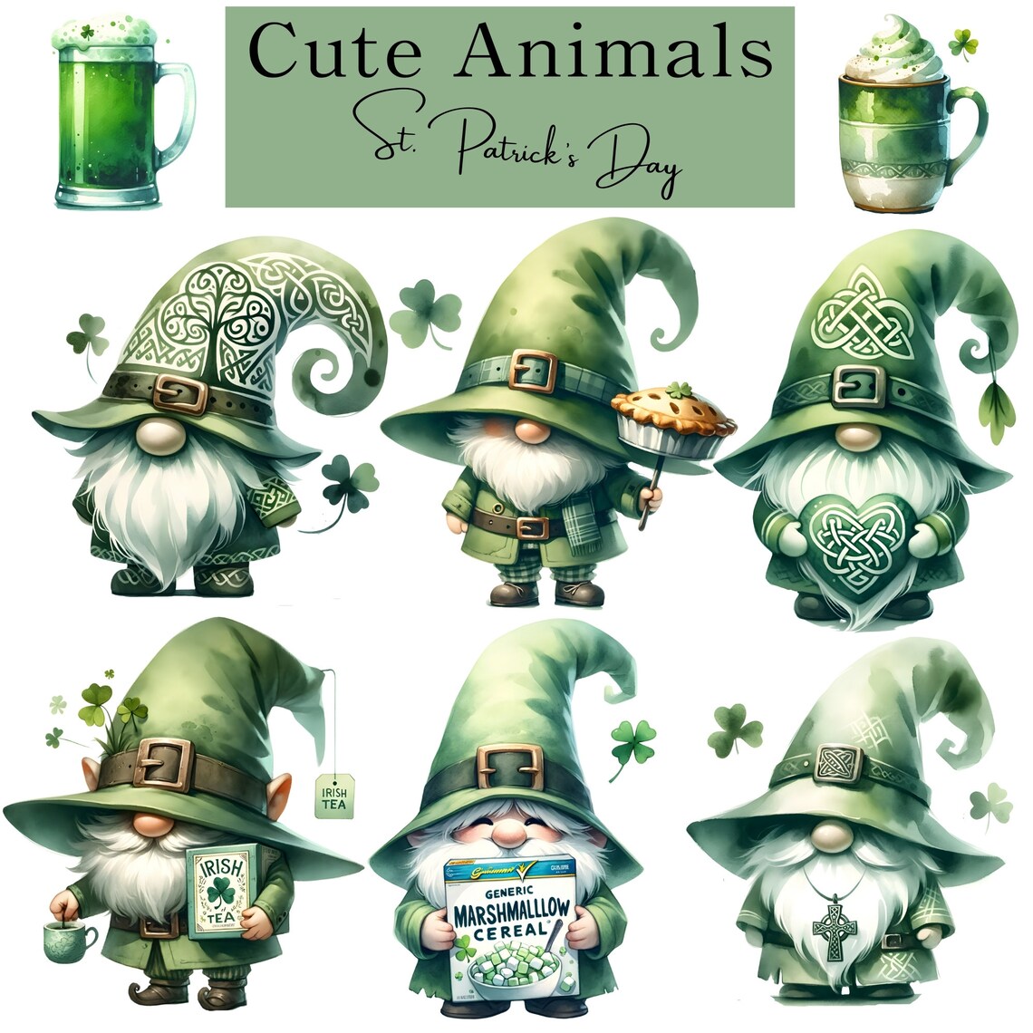 St Patricks Day Gnomes Clipart, Cute Shamrock Clipart, Watercolor ...