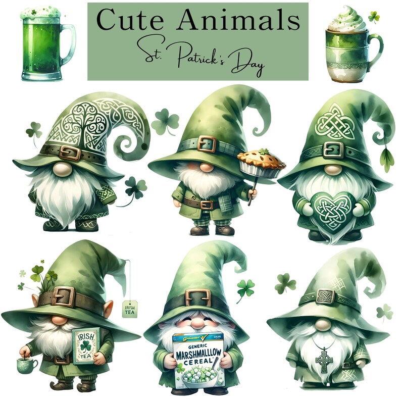 St Patricks Day Gnomes Clipart, Cute Shamrock Clipart, Watercolor ...