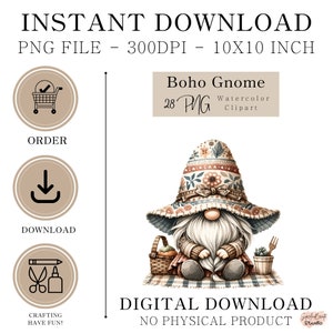 Boho Gnome Garden Clipart, Spring Watercolor Digital Download, Floral ...