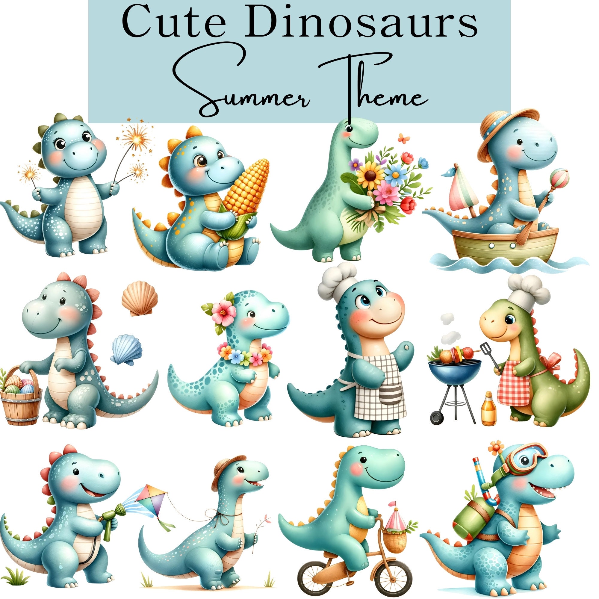 Cute Dinosaurs Summer Theme Watercolor Clipart, Nursery Kids Digital ...
