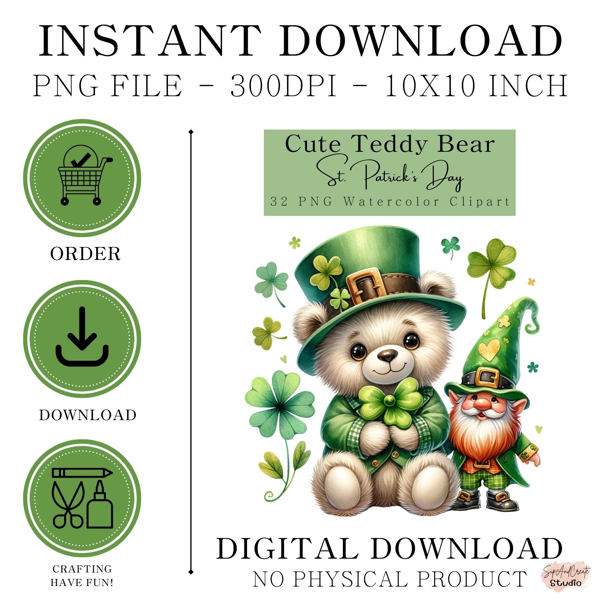 St. Patrick's Day Teddy Bear Clipart, Shamrock Clipart, Watercolor ...