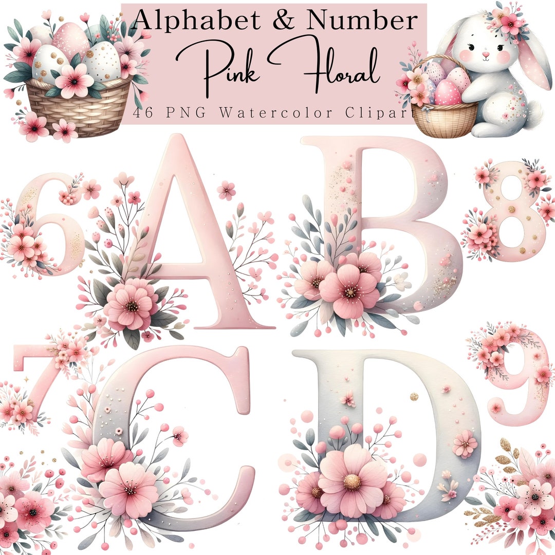 Watercolor Floral Alphabet Clipart: Easter Bunny, ABC Numbers (digital ...